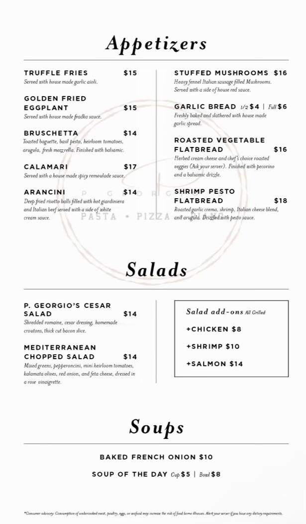 Menu at P Georgio’s Pasta, Pizza, Piano pub & bar, Okauchee Lake