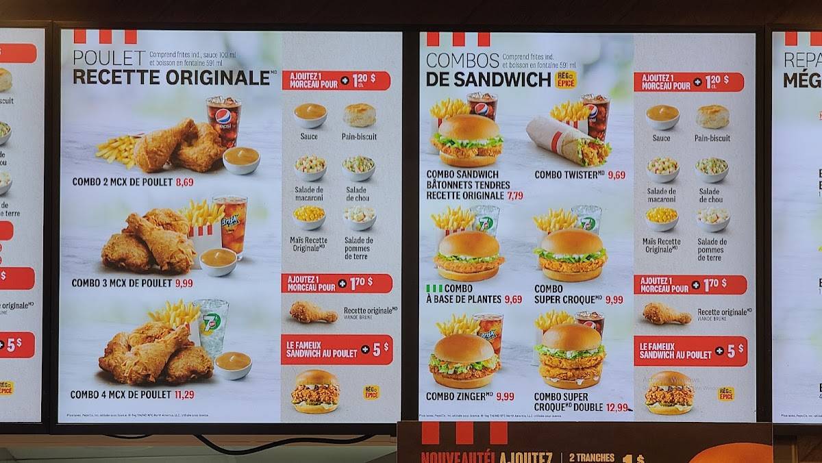 Menu au PFK restaurant, Sherbrooke, 736 Rue King E