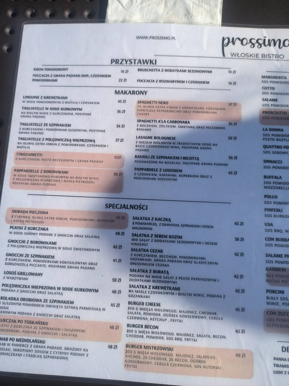 Menu at PROSSIMO - włoskie bistro restaurant, Miechów