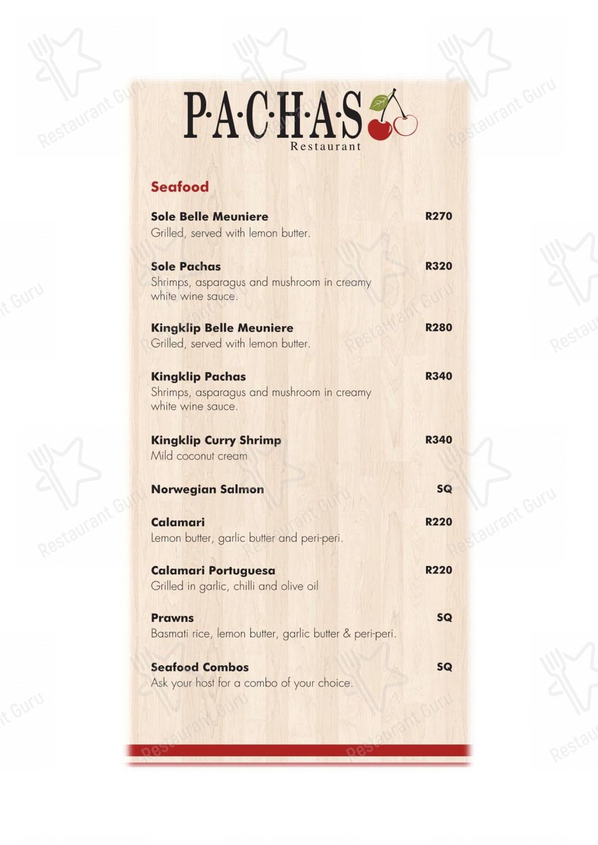 Menu at Pachas Restaurant, Pretoria