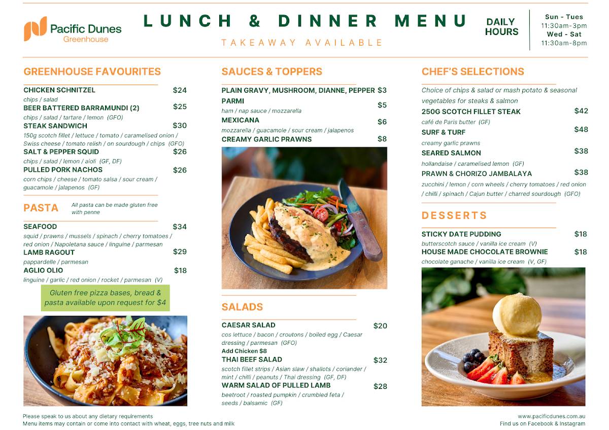 Menu at Pacific Dunes Greenhouse pub & bar, Medowie