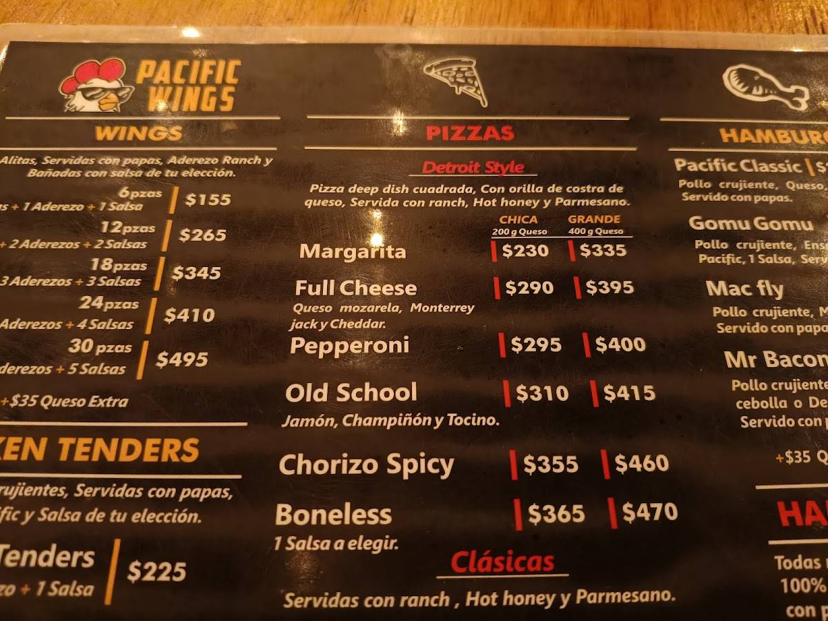 Menu at Pacific Wings restaurant, La Paz