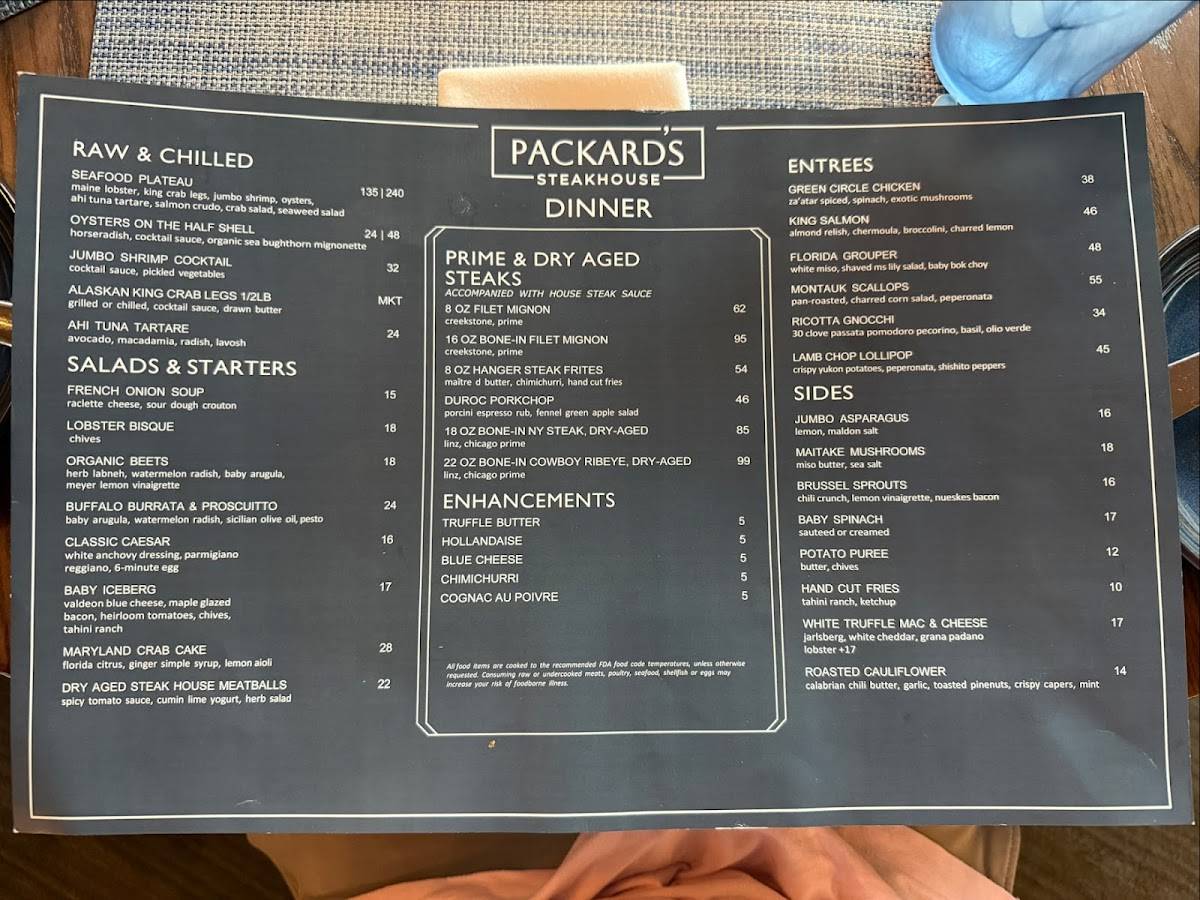Menu at Packard's Steakhouse, Palm Harbor