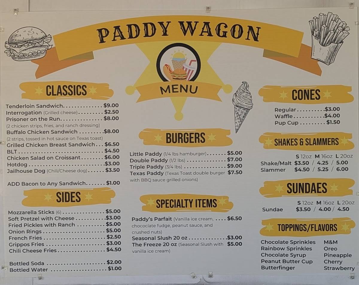 Menu at Paddy Wagon's restaurant, Rising Sun