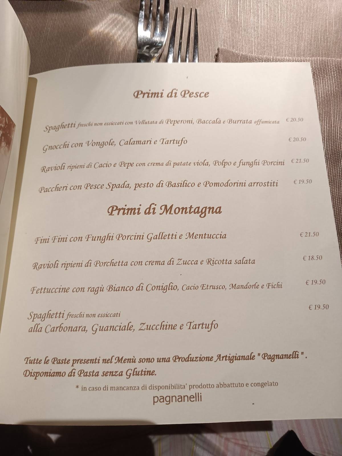 Menu at Pagnanelli restaurant, Castel Gandolfo