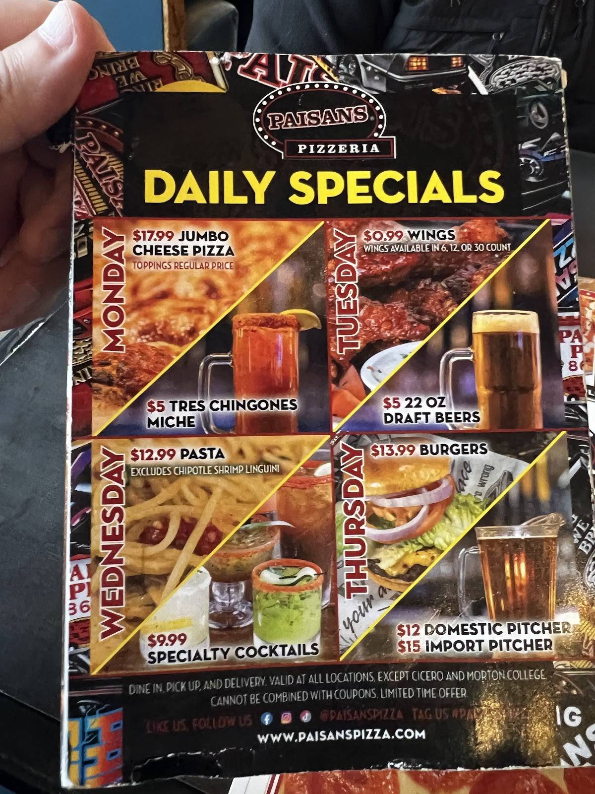 Menu at Paisans Pizzeria - Oak Lawn, Oak Lawn