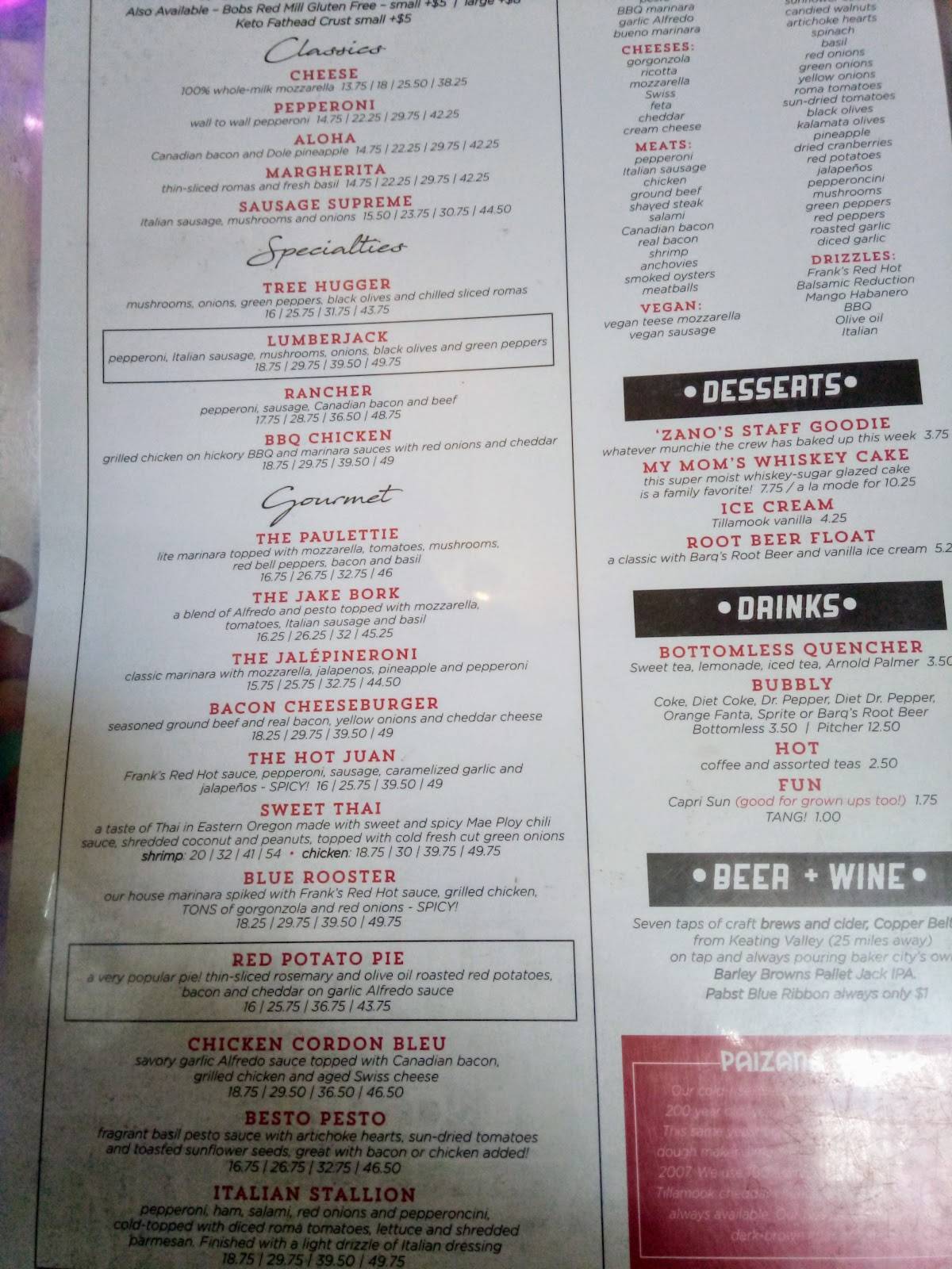 Carta del pub y bar Paizano's Pizza, Baker City