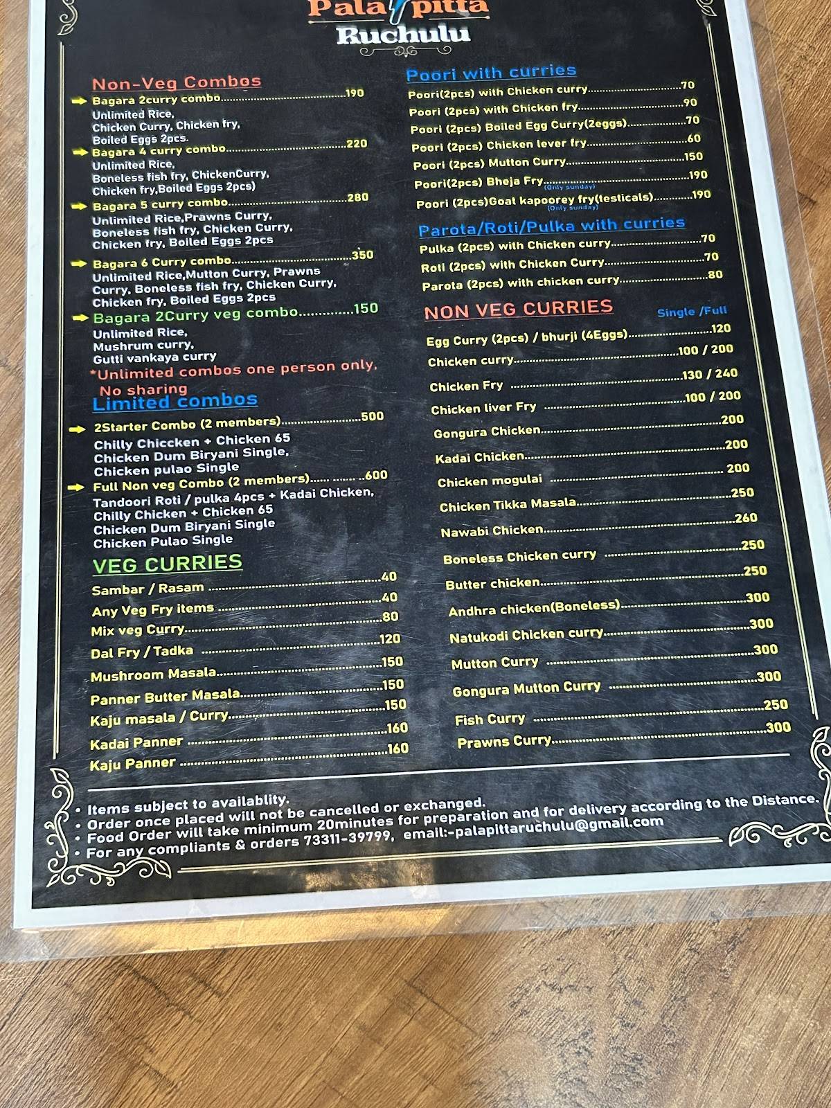 Menu at Pala pitta Ruchulu, Hyderabad