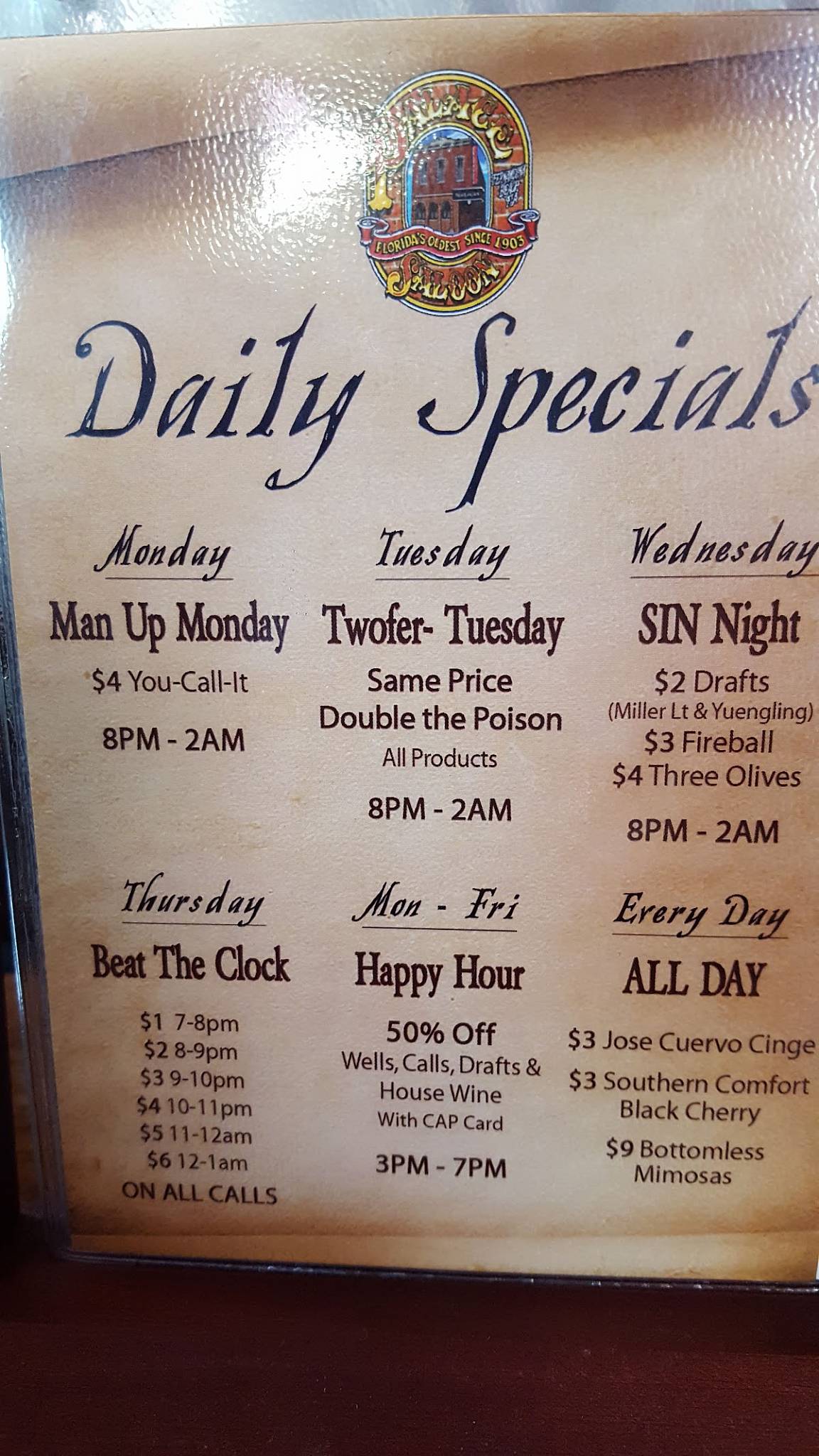 Menu at Palace Saloon pub & bar, Fernandina Beach, 117 Centre St