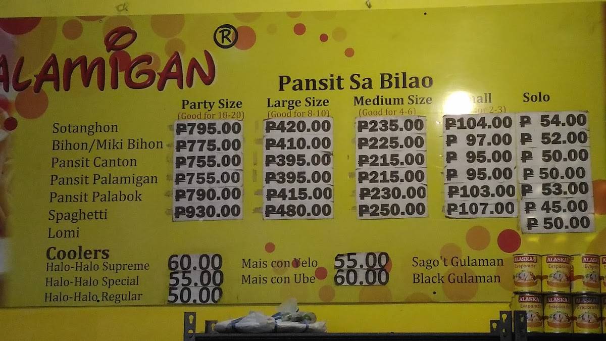 Menu at Palamigan restaurant, Legazpi City, Rizal St