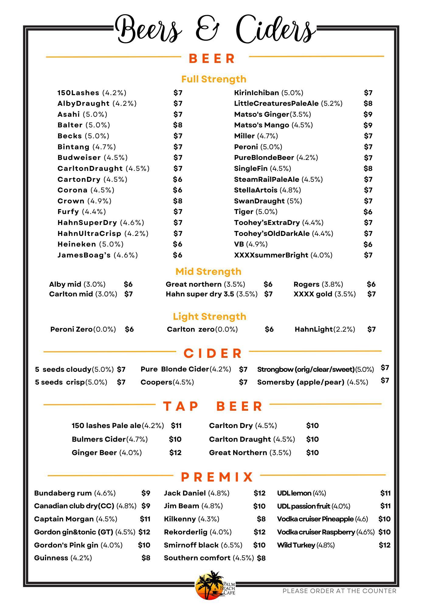 Menu at Palm Beach Café restaurant, Rockingham