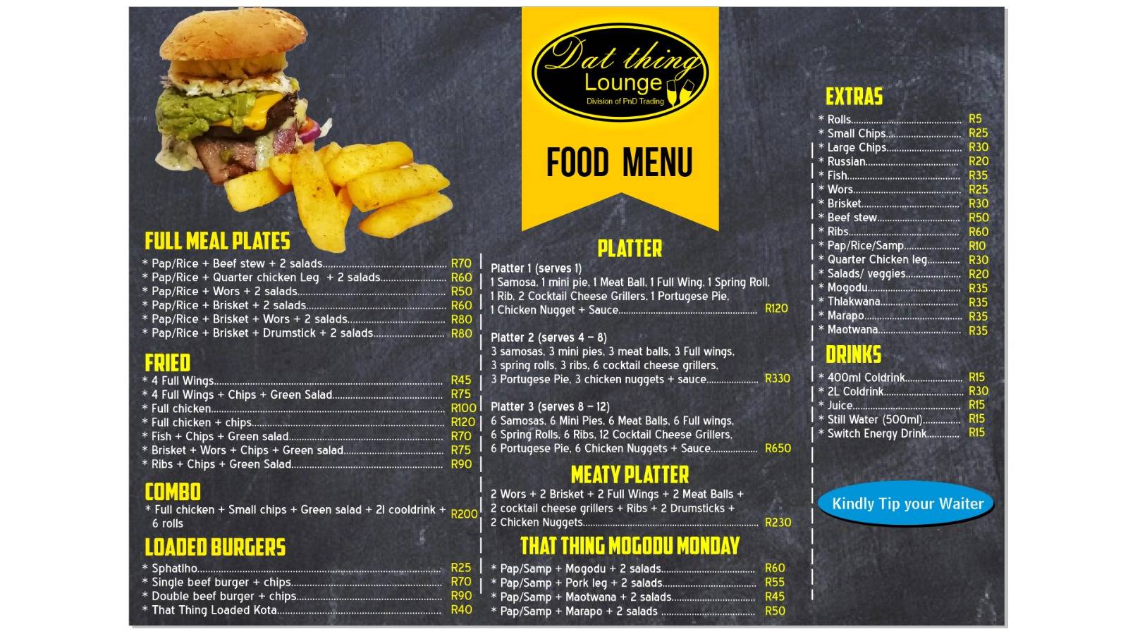 Menu at PandD "Dat thing" Soshanguve restaurant, Soshanguve