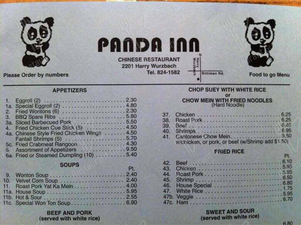 Menu at Panda Inn restaurant, San Antonio, Harry Wurzbach Rd