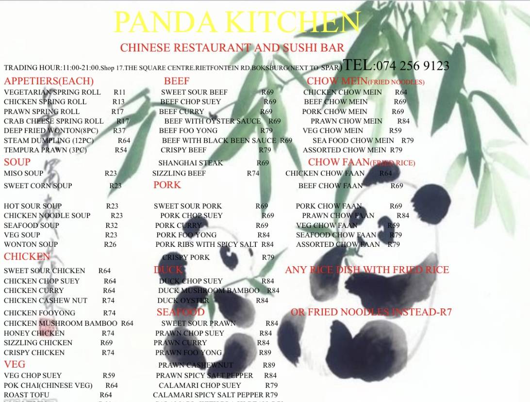Menu at Panda kitchen Chinese Restaurant&Sushi bar, Boksburg