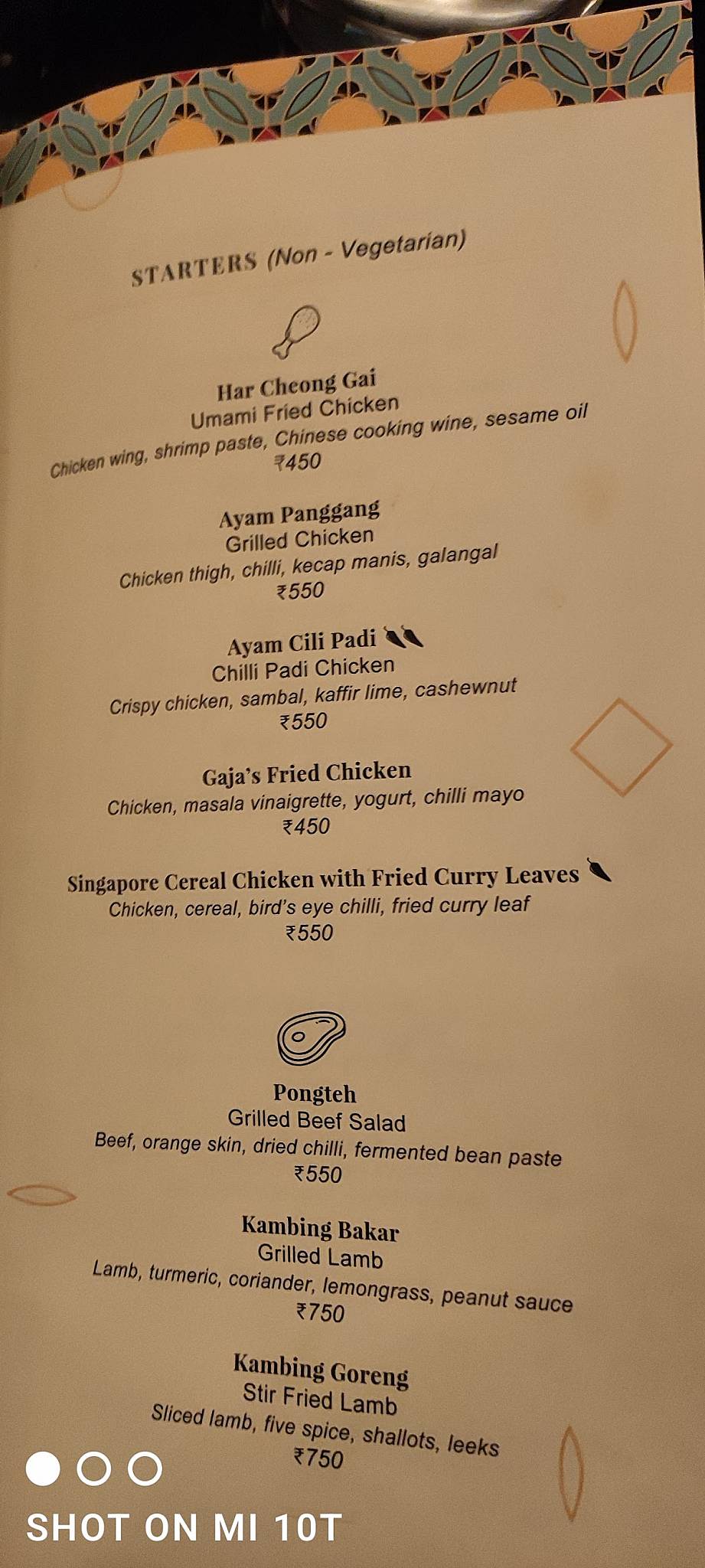 Menu at Pandan Club, Chennai