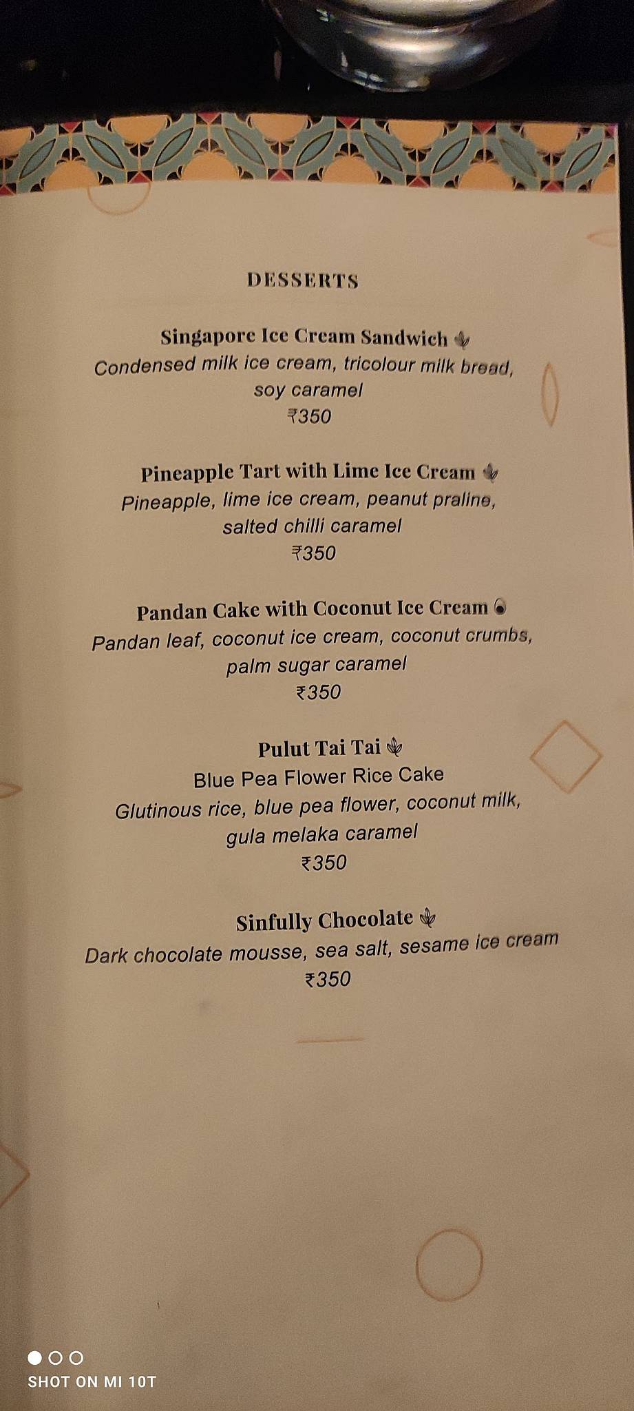 Menu at Pandan Club, Chennai