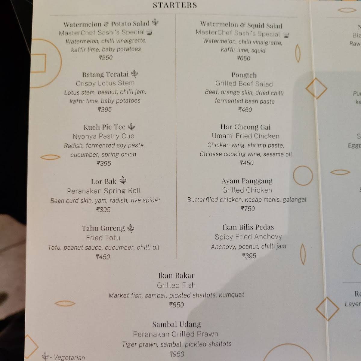 Menu at Pandan Club, Chennai