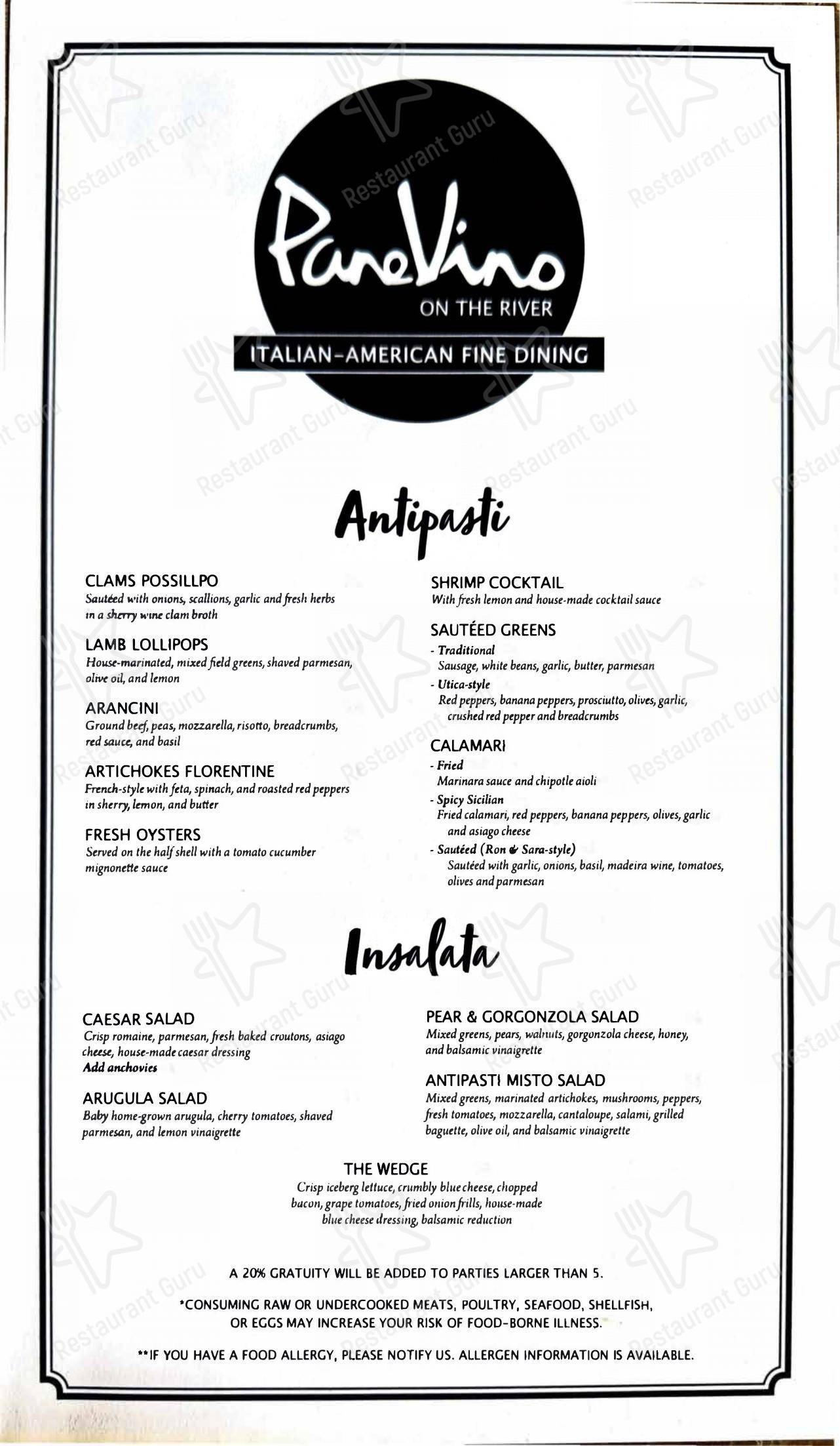 Menu at Pane Vino On The River restaurant, Rochester