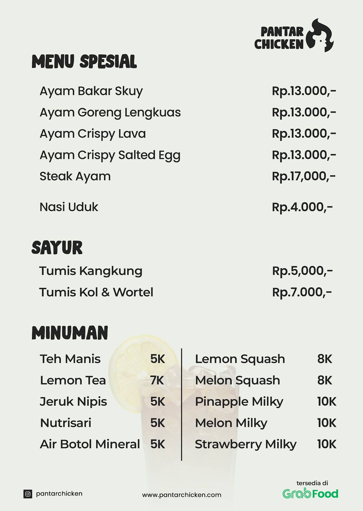 Menu at Pantar Chicken restaurant, Brang Biji