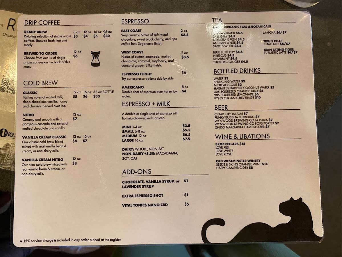 Menu at Panther Coffee - Coconut Grove cafe, Miami, Main Hwy