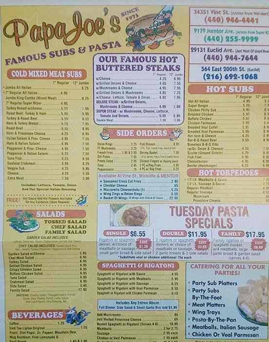 Inspiring Papa Joes Subs Pasta Menu Gallery