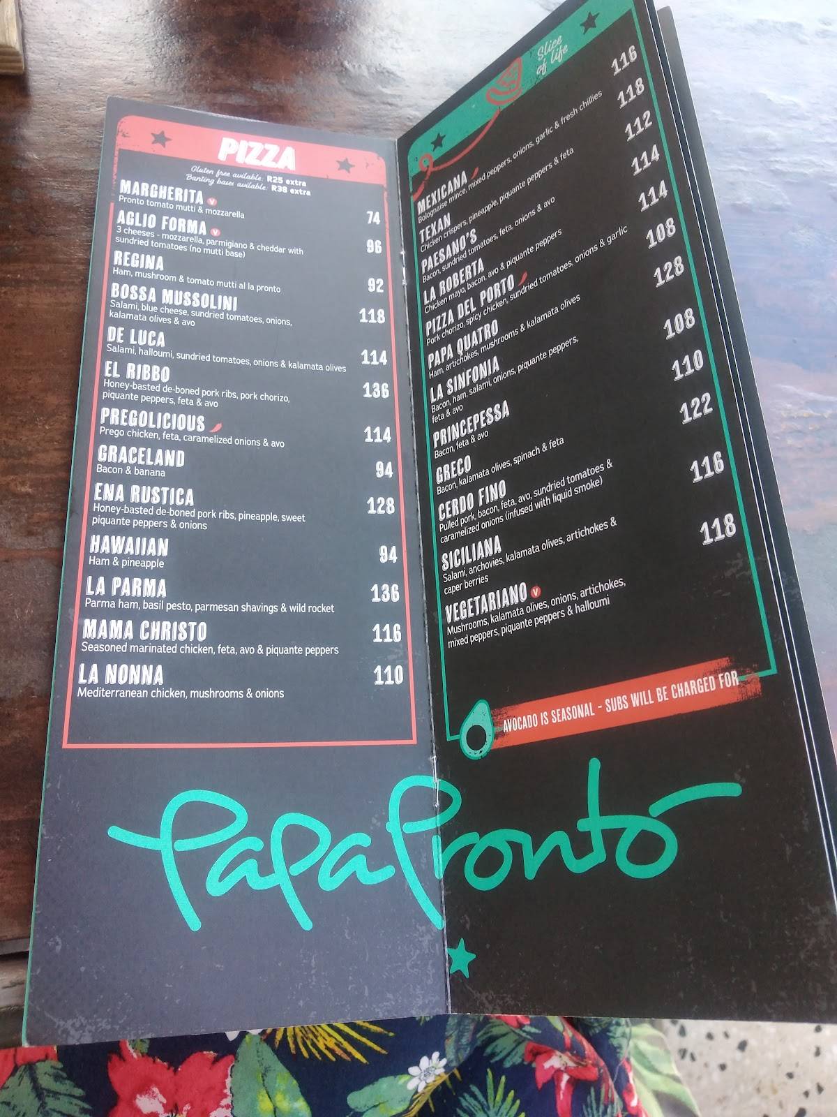 Menu At Papa Pronto Witkoppen Restaurant Randburg 285 Church Street Cnr Church