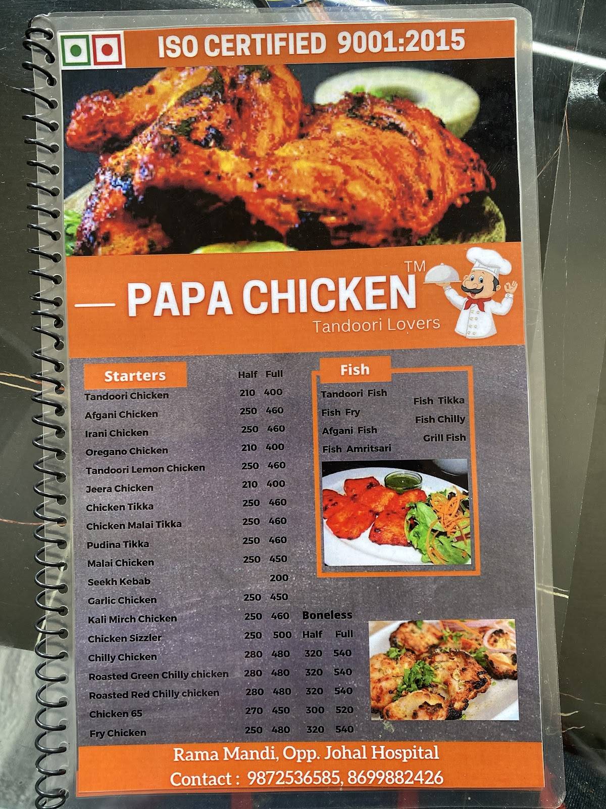 Menu at Papa chicken, Jalandhar, opposite Johal Hospital