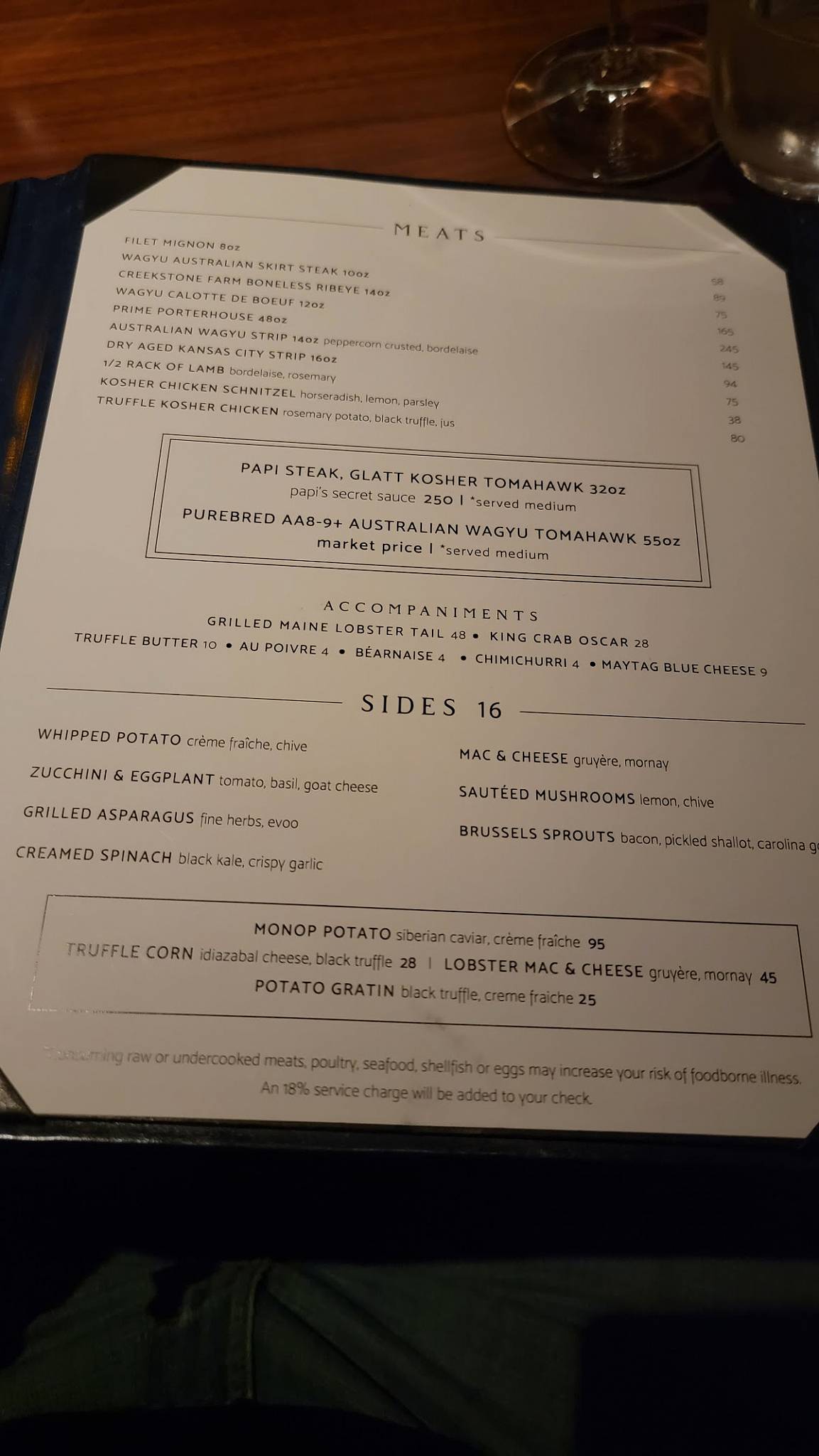 Menu at Papi Steak Miami steakhouse, Miami Beach