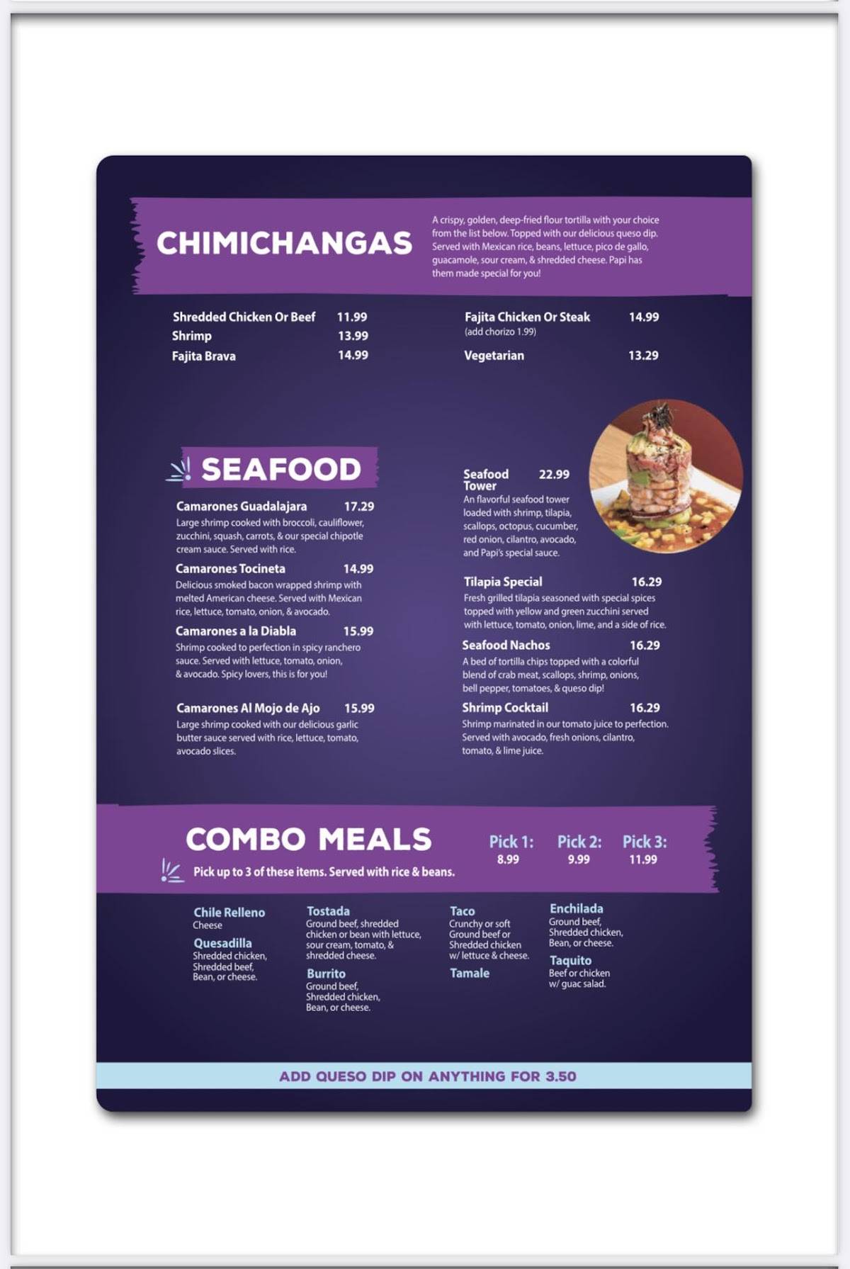 Menu at Papi’s Cocina & Cantina restaurant, Republic