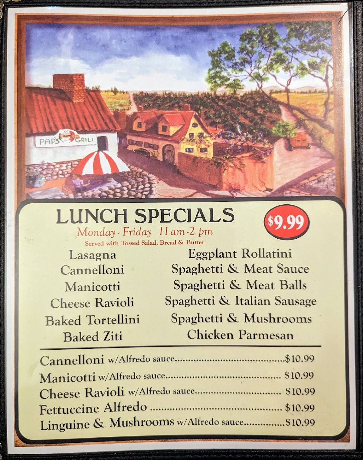 Menu at Pap's Italian Grill restaurant, Bandera, 632 TX-16