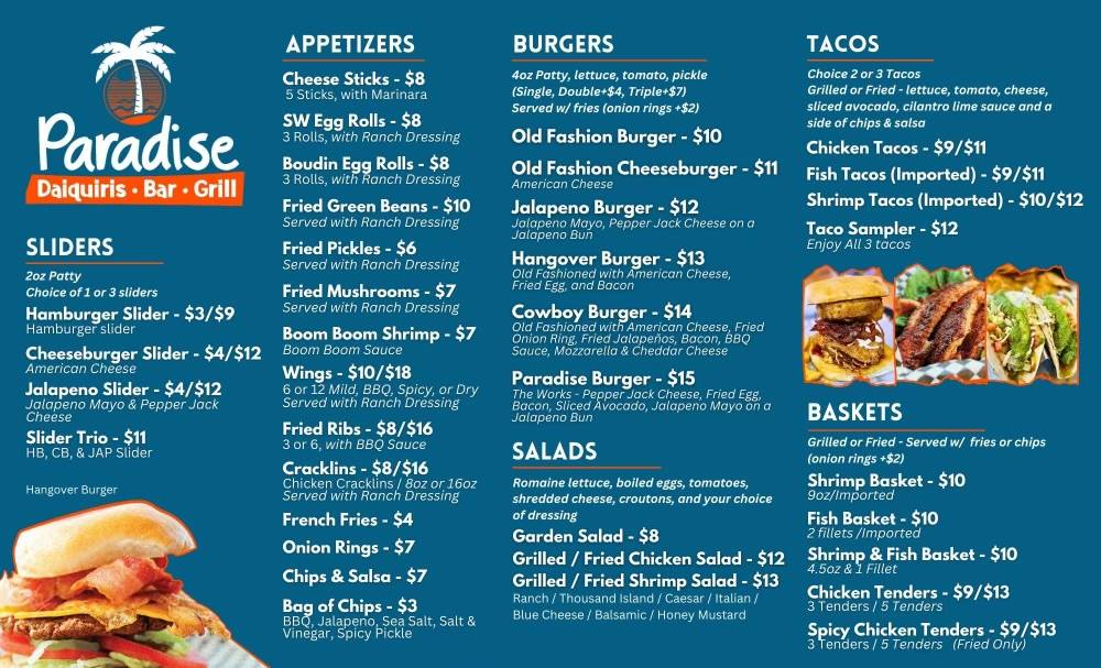 Menu at Paradise Grill & Daiquiris pub & bar, Sulphur