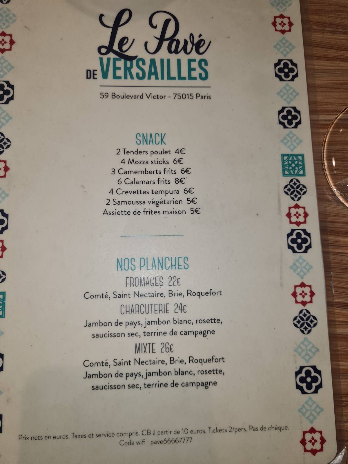 Menu au Le Pavé de Versailles restaurant, Paris