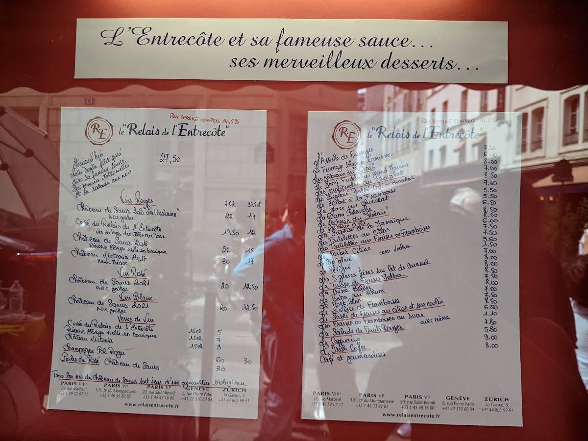 Menu au Le Relais de l'Entrecôte restaurant à viande, Paris, 15 Rue Marbeuf
