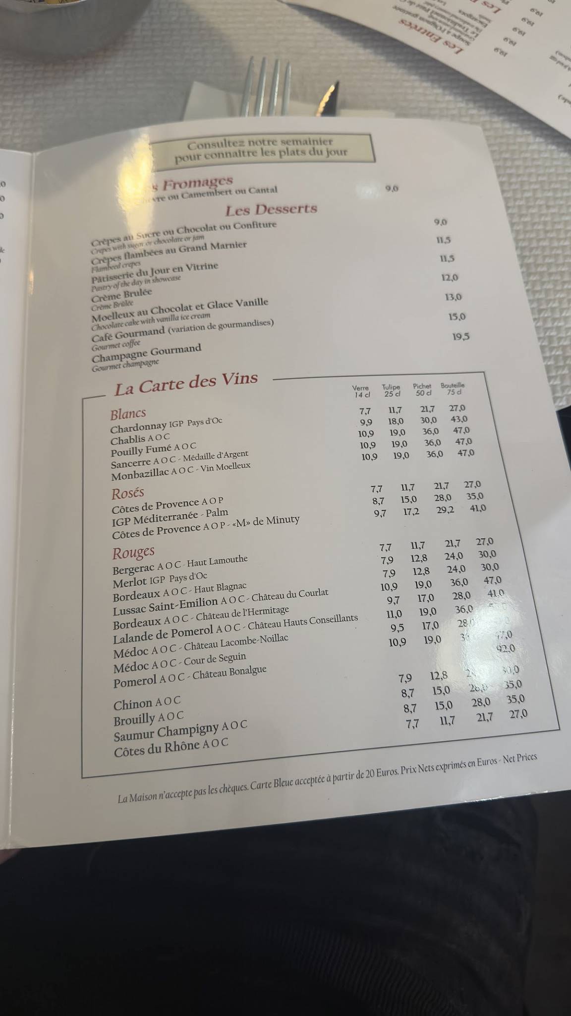 Menu au RESTAURANT CHEZ RIBE, Paris