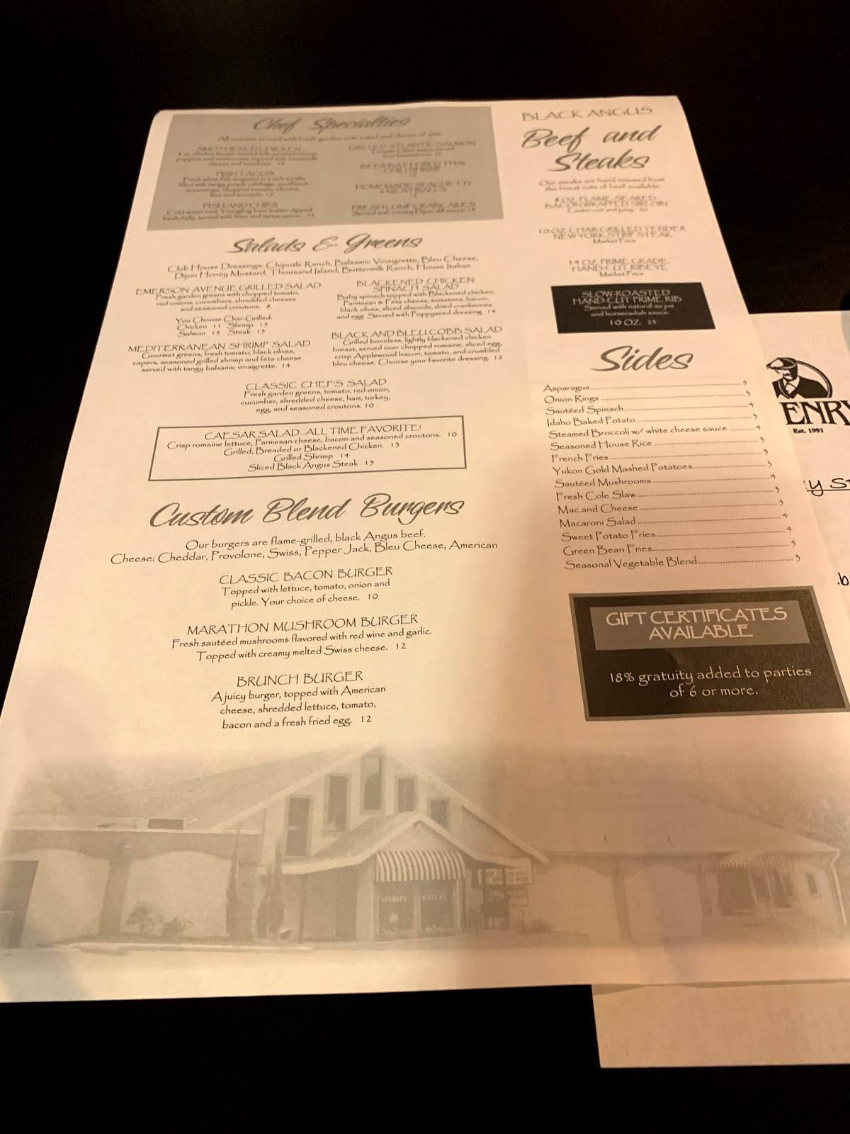 Menu at J.P. Henry's Restaurant, Parkersburg
