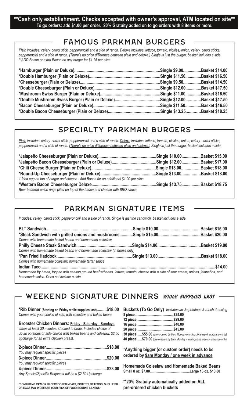Menu at Parkman Bar & Grill, Parkman