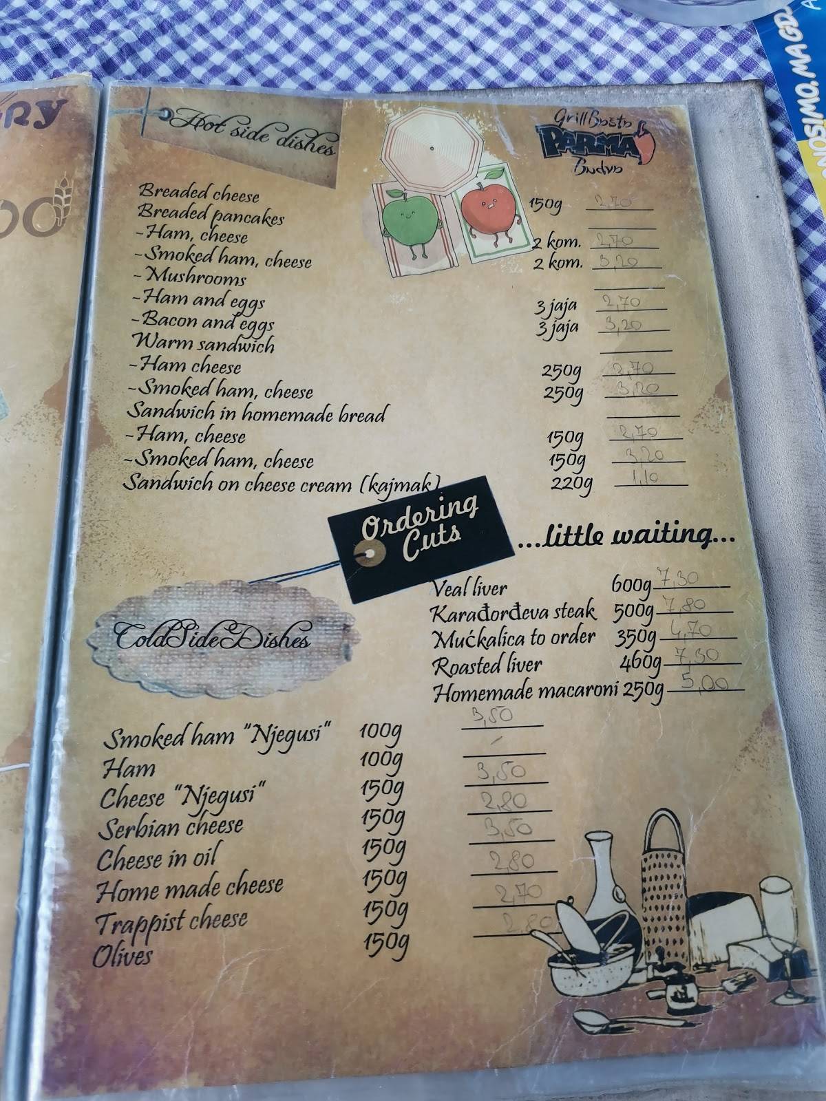 Menu at Parma restaurant, Budva, 7RVV+PJR