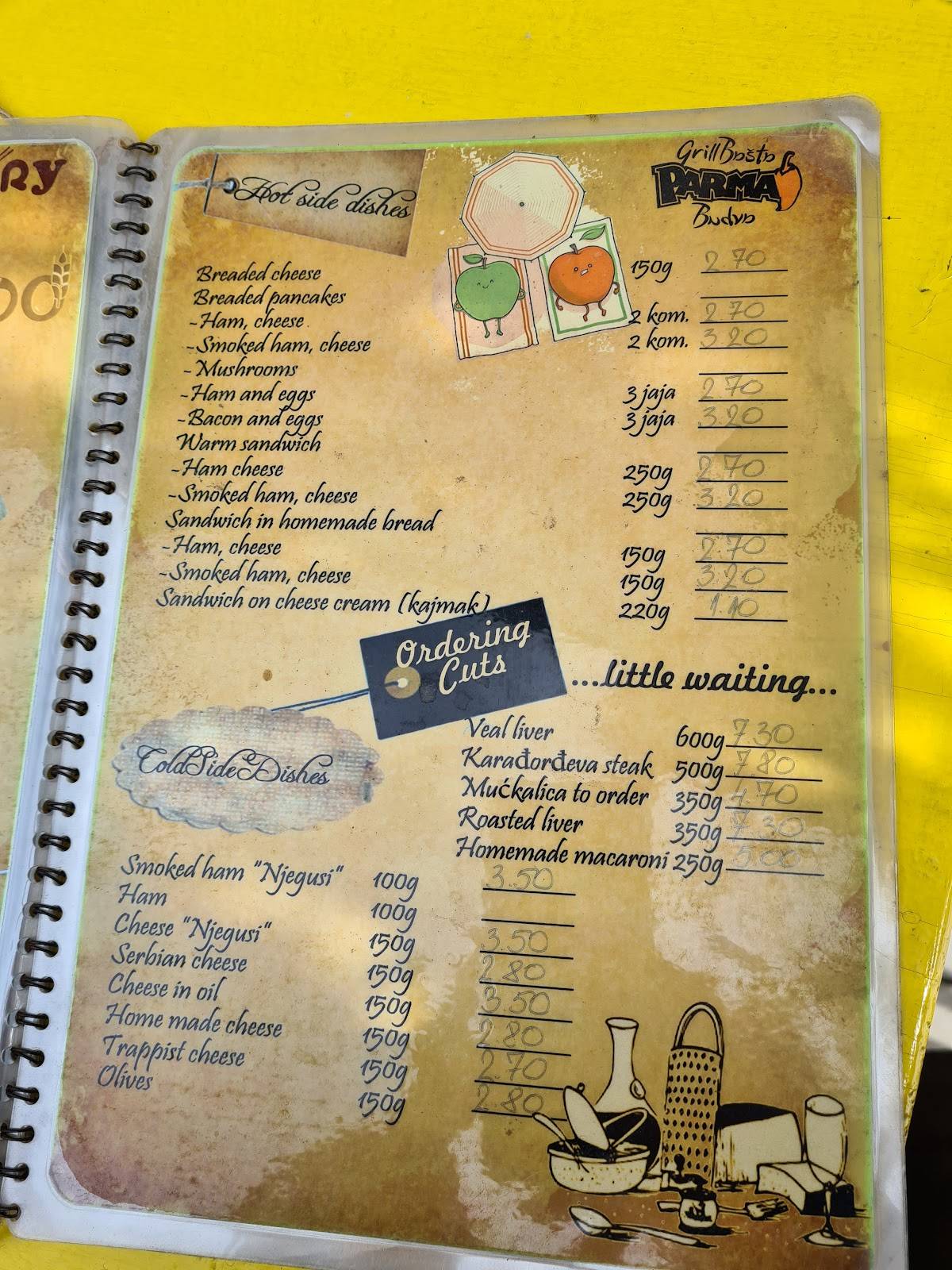 Menu at Parma restaurant, Budva, 7RVV+PJR