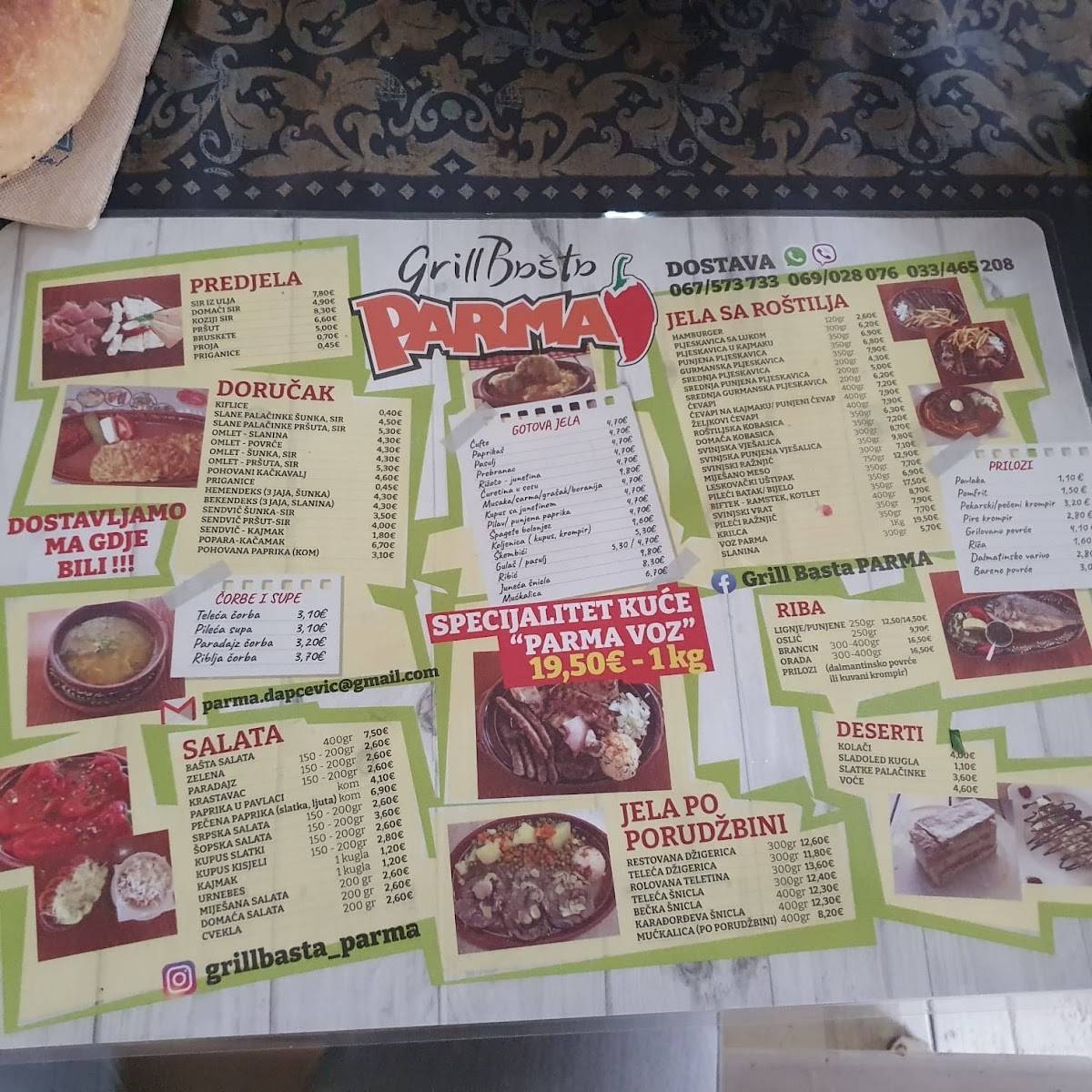Menu at Parma restaurant, Budva, 7RVV+PJR