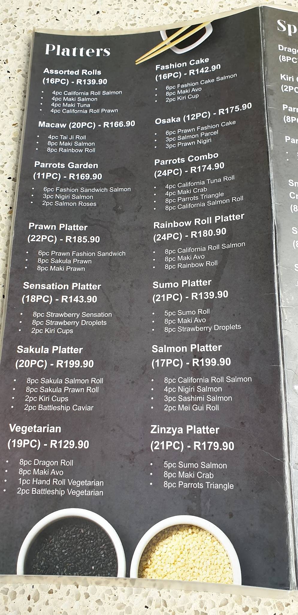 Menu at Parrots restaurant, Pretoria, Kolonnade Mall