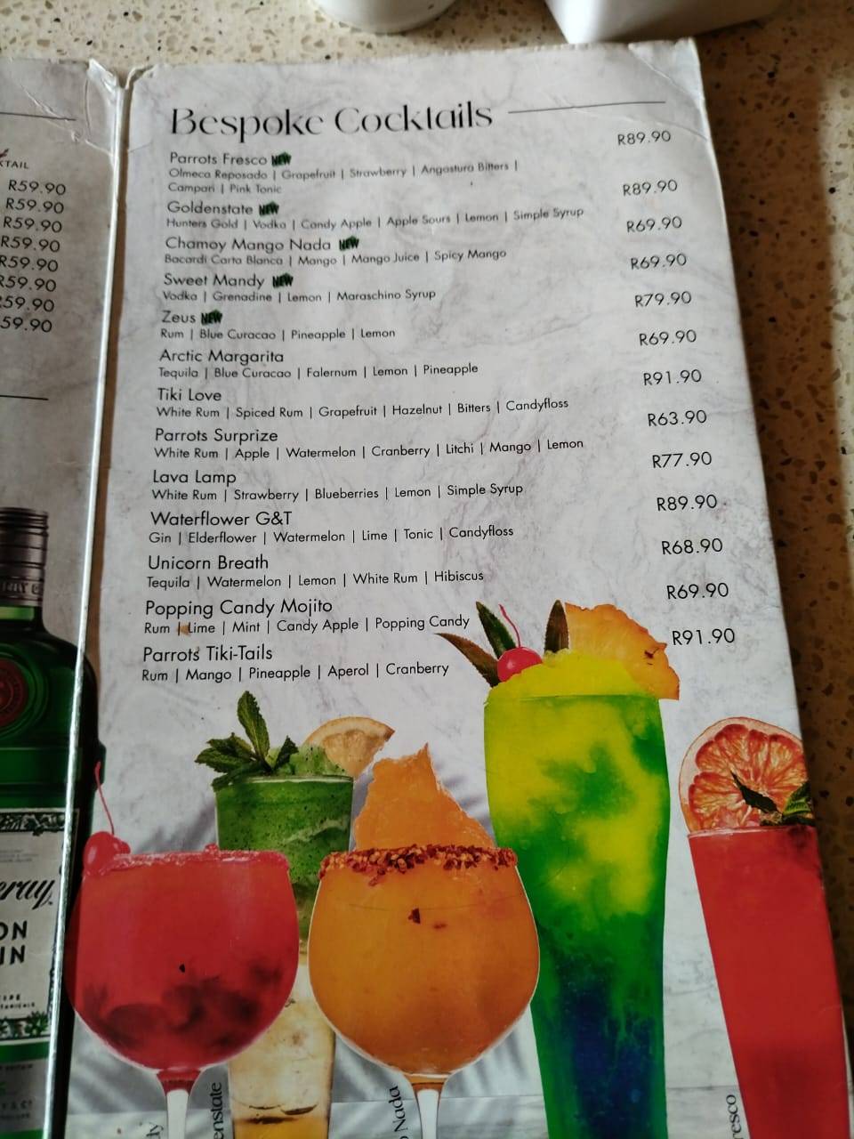 Menu at Parrots restaurant, Pretoria, Kolonnade Mall