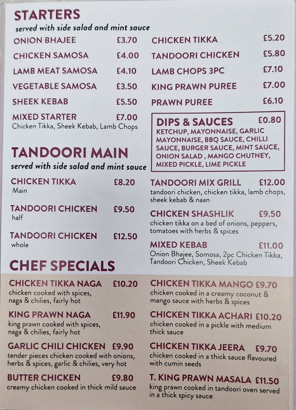 Menu at Parson Drove Spice Hut, Wisbech Saint Mary