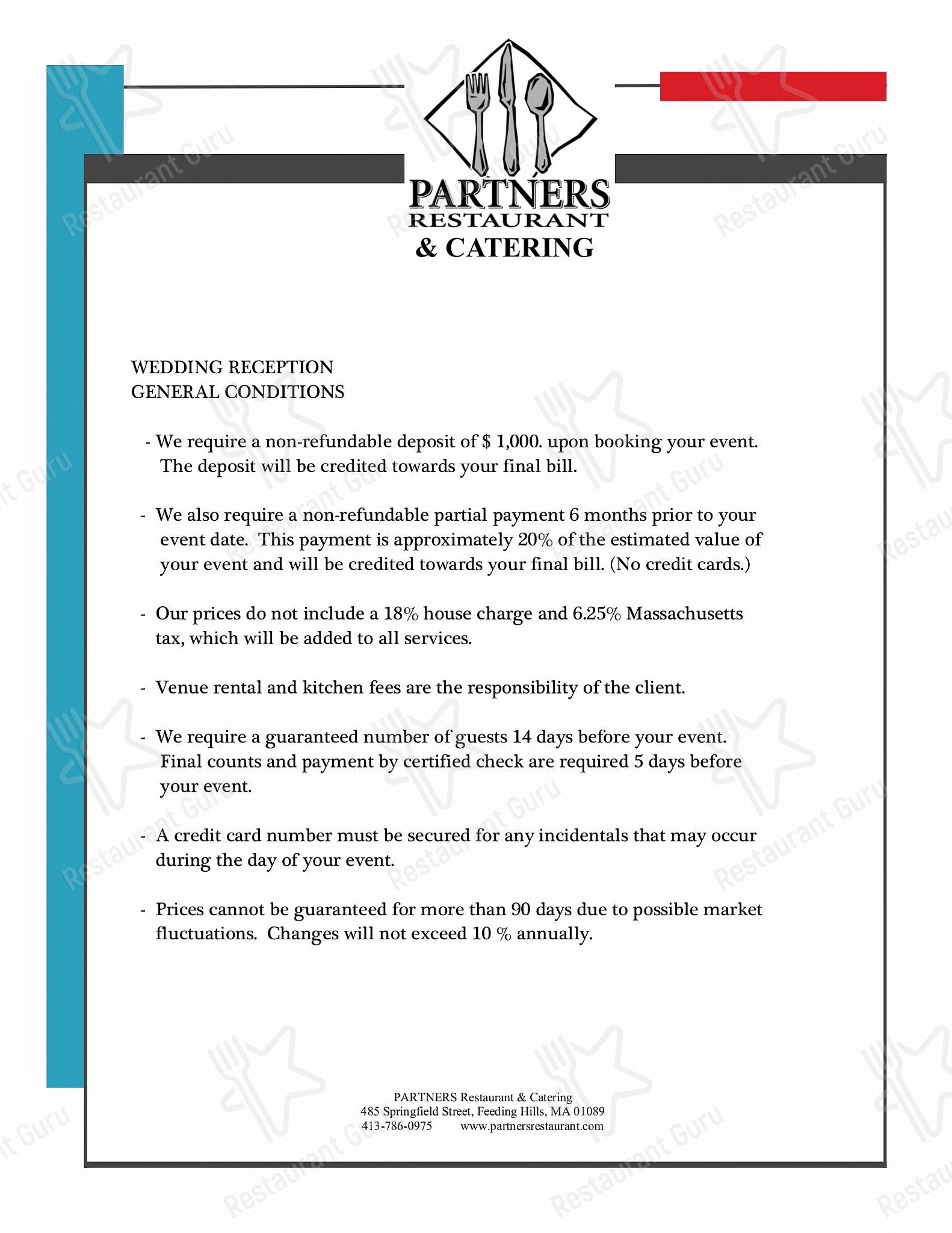 Menu at Partners Restaurant & Catering, Agawam