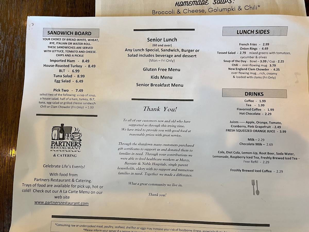 Menu at Partners Restaurant & Catering, Agawam