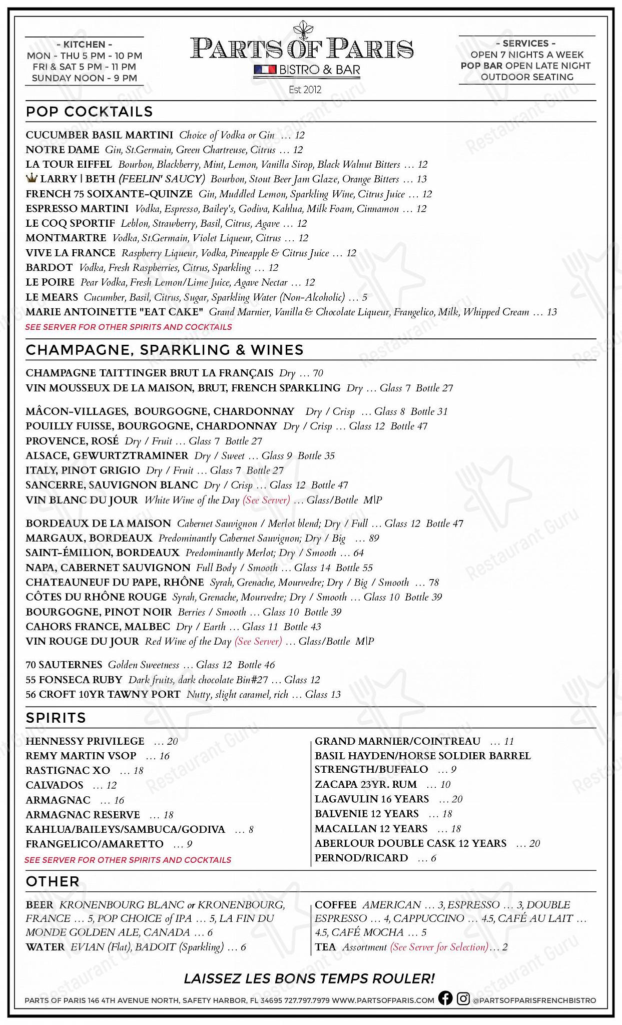 Menu at Parts of Paris Bistro & Bar, Safety Harbor