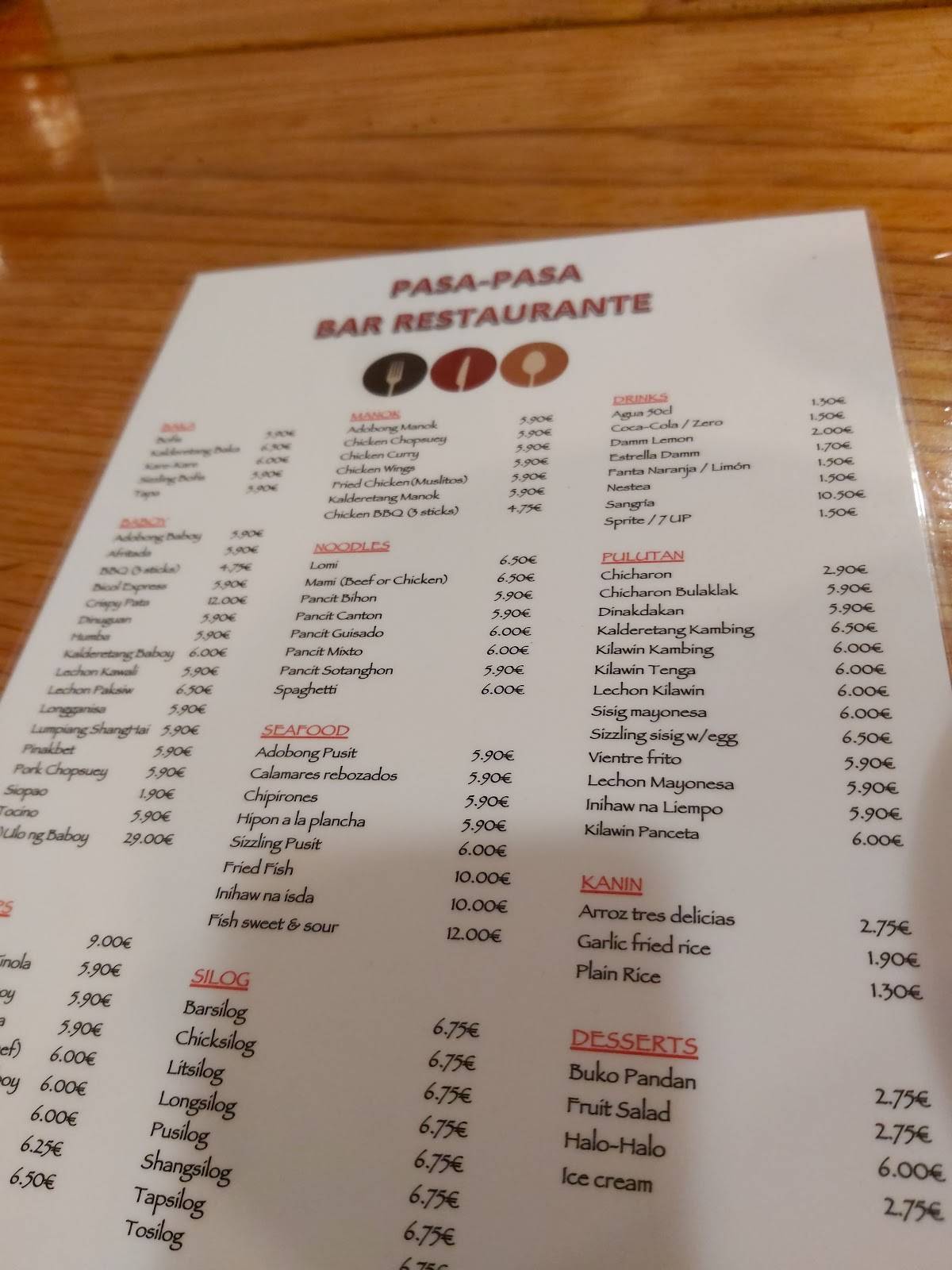 Menu at Pasa-Pasa restaurant, Barcelona