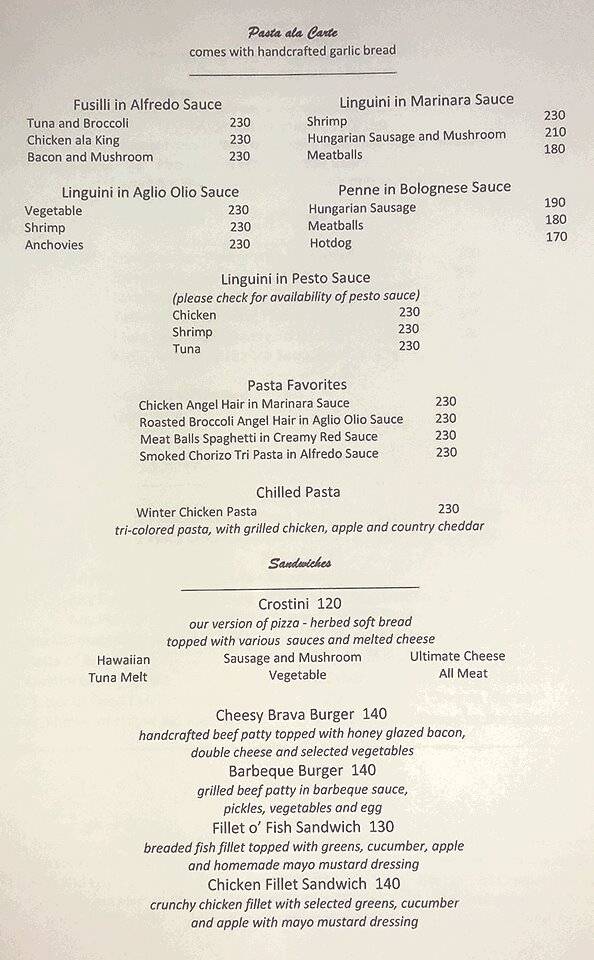 Carta del restaurante Pasta Brava, Iloílo, PG4X+J92