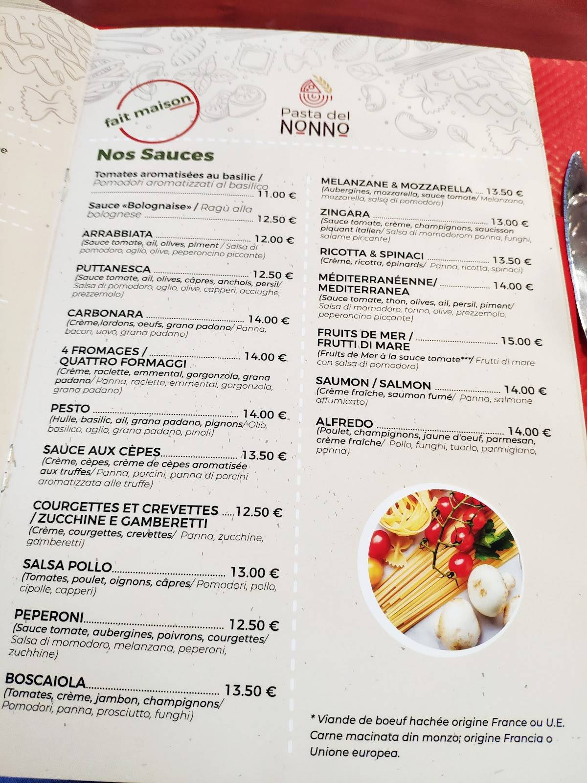 Menu au Pasta Del Nonno restaurant, Paris