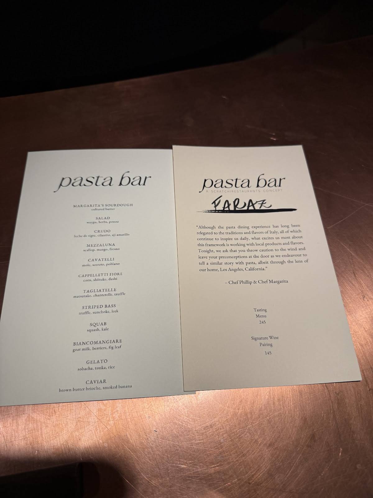 Menu at PastaBar, Los Angeles