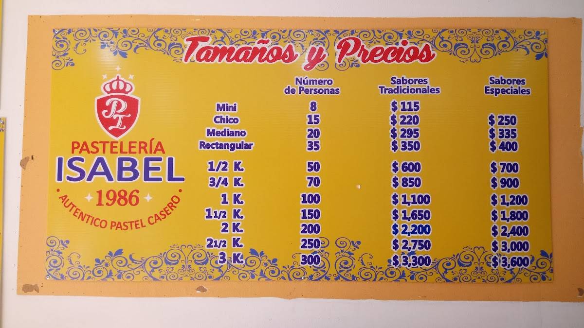 Carta del postres Pastelería Isabel, Veracruz, Av. 1º del Mayo 331